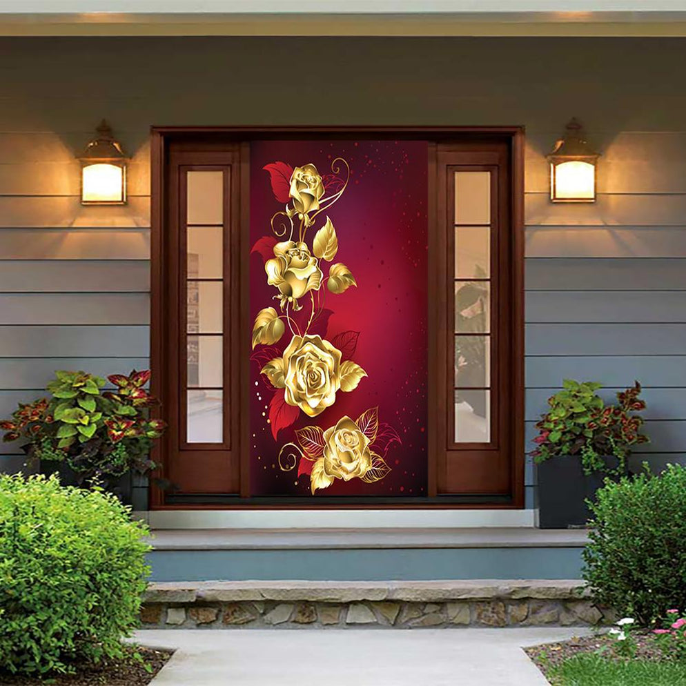 Golden Roses Red Background Door Cover From - DoorFoto™